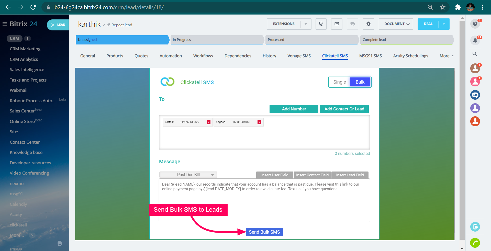 Clickatell SMS for Bitrix24